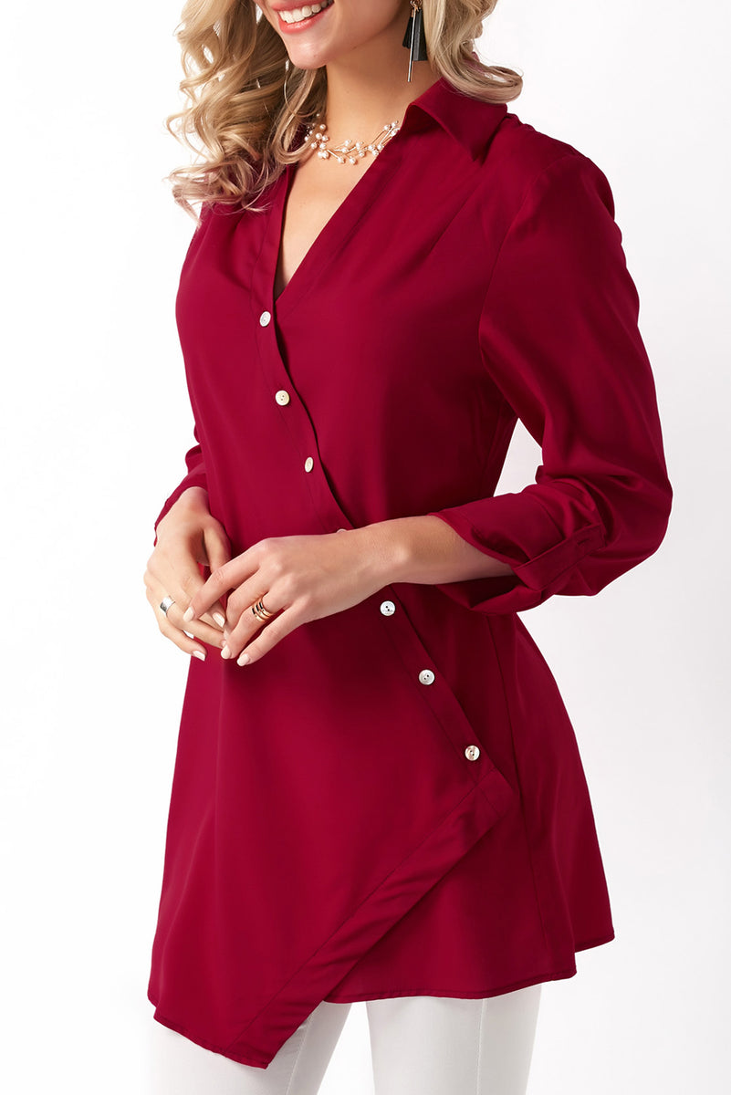 Sexy Red Roll Tab Long Sleeve Asymmetric Button Blouse – SEXY ...