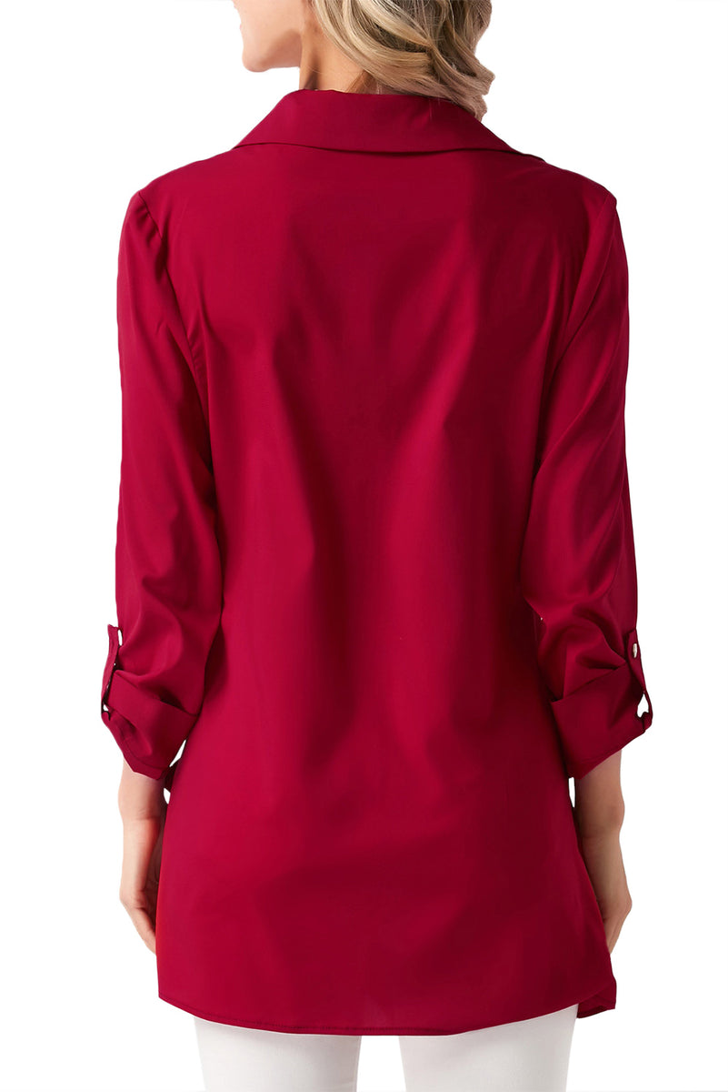 Sexy Red Roll Tab Long Sleeve Asymmetric Button Blouse – SEXY ...